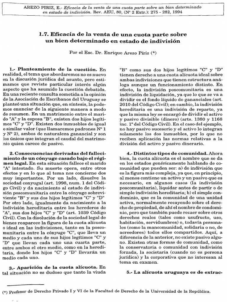 Eficacia de La Venta de Una Cuota Parte Sobre Un Bien Determinado en ...
