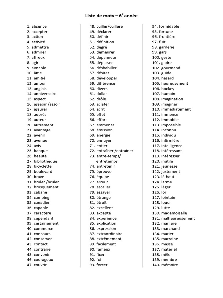 Liste de mots pour la 6e année | PDF