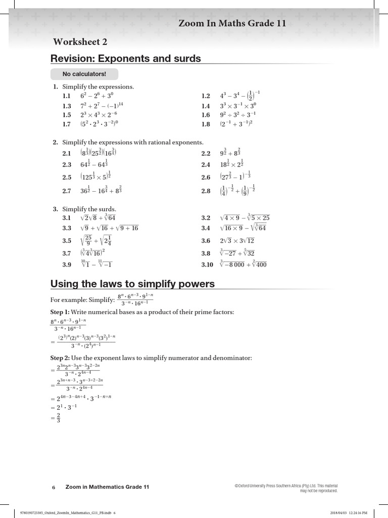 Grade 11 Exponents and Surds Revision | PDF | Equations | Numbers