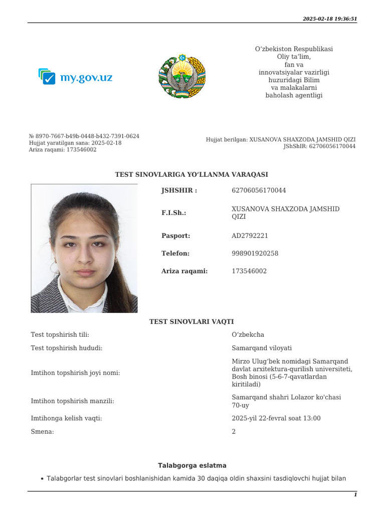 Test Sinovlariga Yo Llanma Varaqasi Jshshir: F.I.Sh.: Pasport: Telefon ...