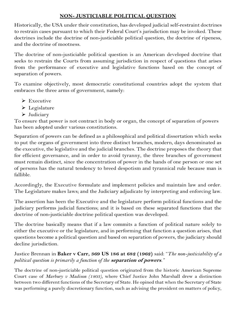 NON-JUSTICIABLE POLITICAL QUESTION copy | PDF | Judiciaries | Political Law