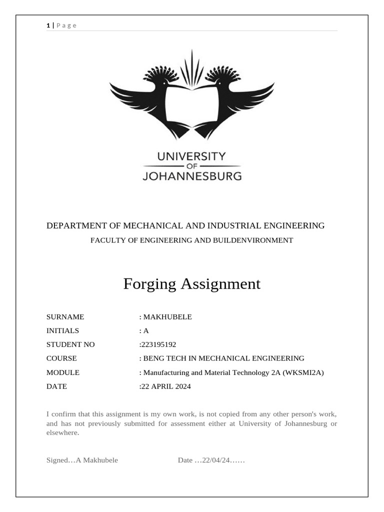 A Makhubele Forging Assignment | PDF | Forging | Deformation (Engineering)