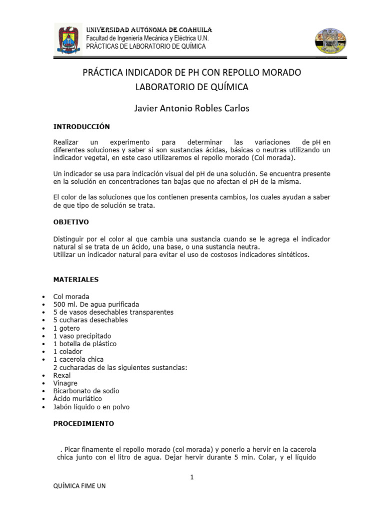 Práctica 4 Indicador de PH Con Repollo Morado Javier Robles | PDF ...