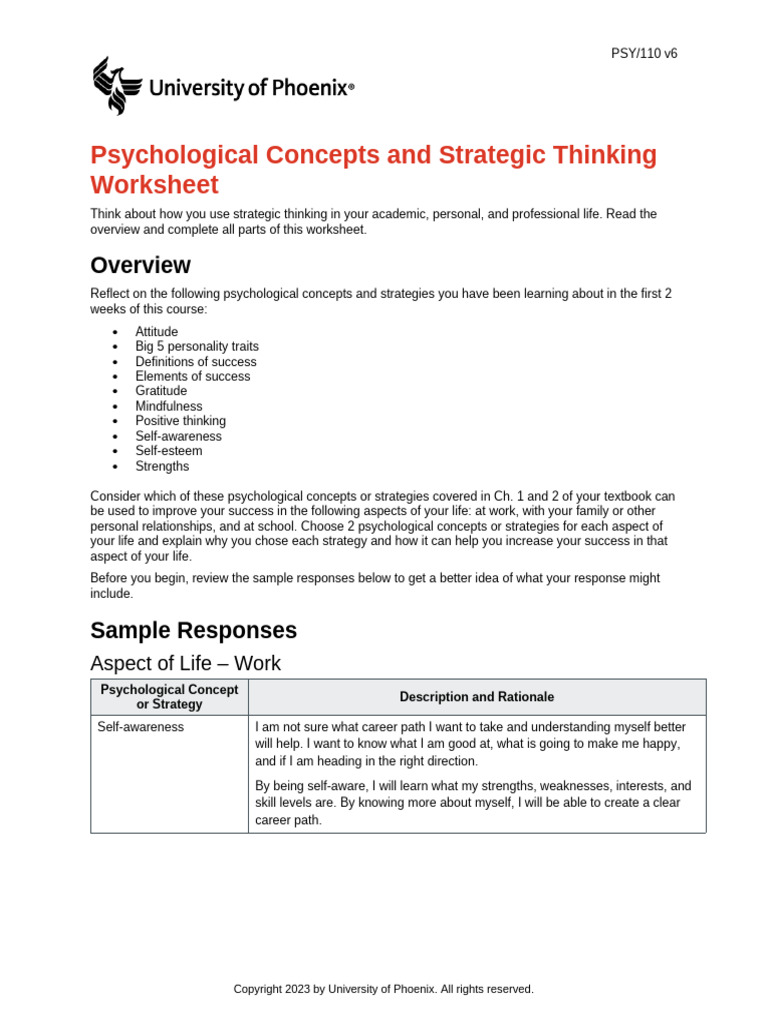 Psy110 v6 wk2 Psychological Concepts and Strategic Thinking Worksheet ...