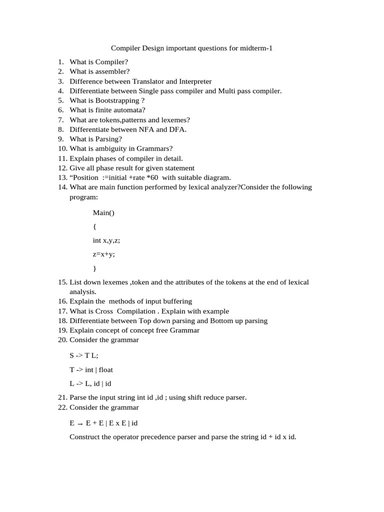 Compiler Design Midterm Questions | PDF