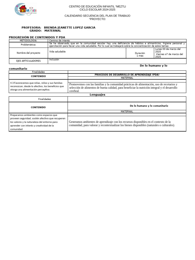 Proyecto Vida Saludable Infantil 2025 | PDF | Aprendizaje | Educación ...
