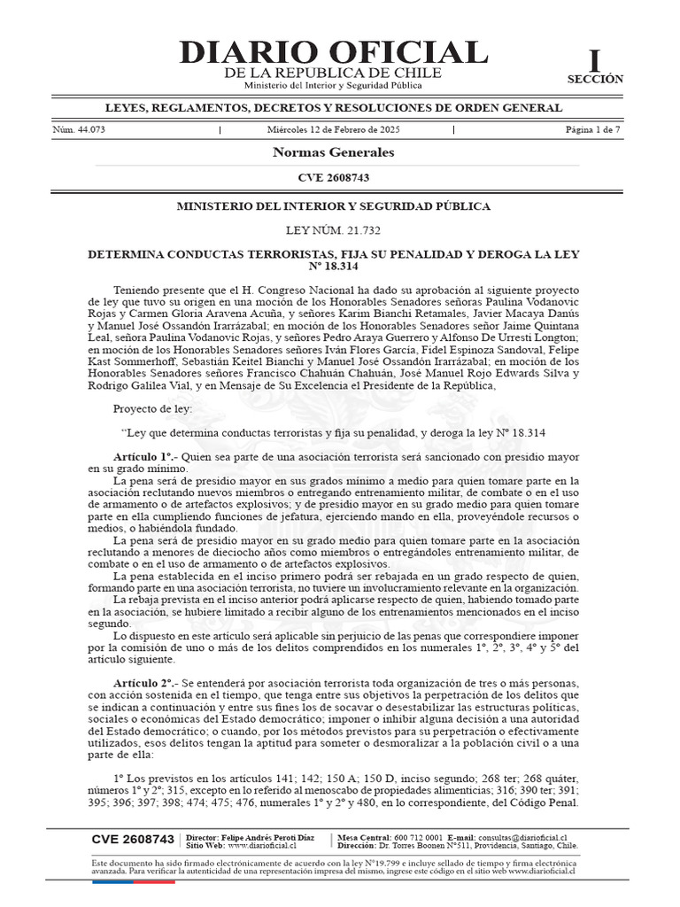 Determina Conductas Terroristas, Fija Su Penalidad y Deroga La Ley 18314 | PDF | Fiscal ...