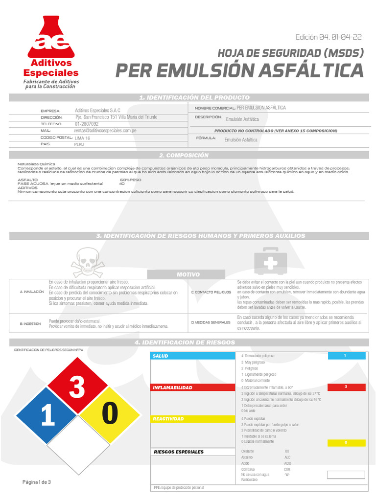 MSDS - Emulsion Asfaltica | PDF | Agua | Emulsión