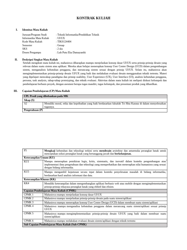 Kontrak Kuliah UI/UX Teknik Informatika | PDF