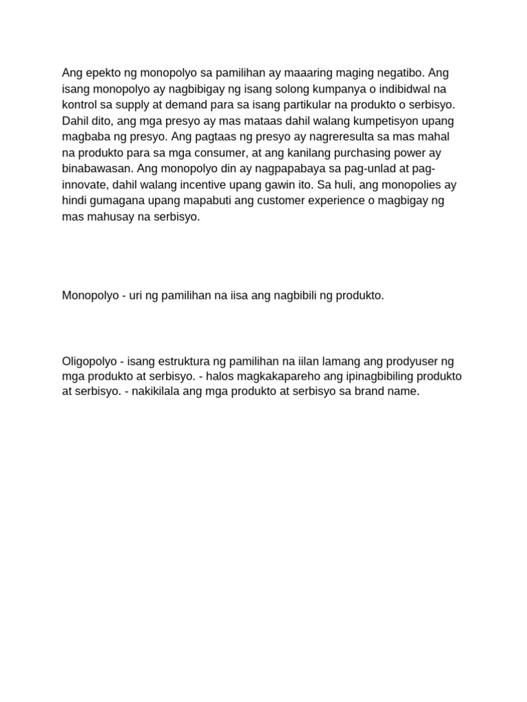 Ang Epekto NG Monopolyo Sa Pamilihan Ay Maaaring Maging Negatibo | PDF