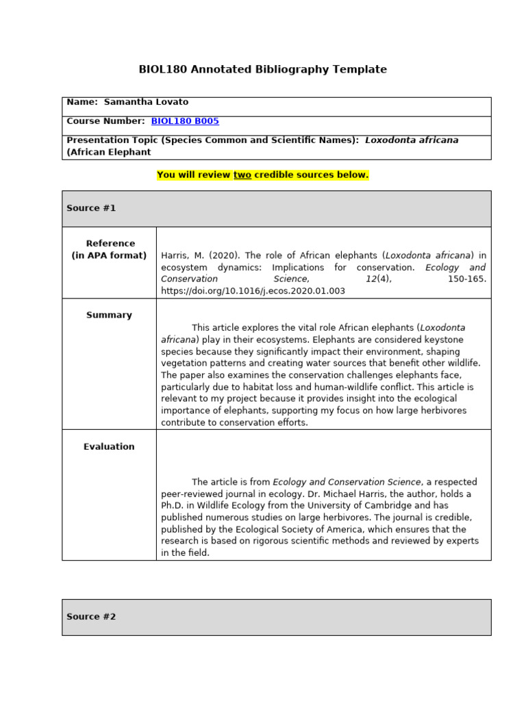 BIOL180 Annotated Bibliography Template | PDF | Conservation Biology ...