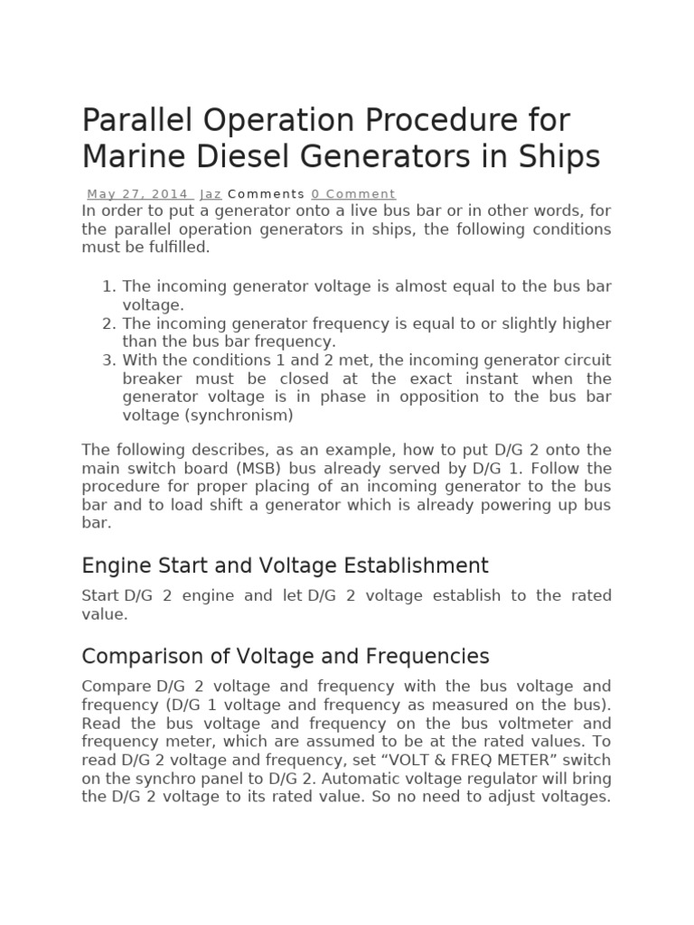 Parallel Operation of Marine Generators | PDF | Voltage | Electrical ...