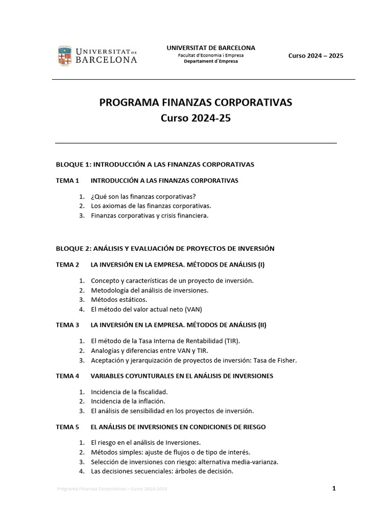 02 - Programa Finanzas Corporativas - Curso 2024-2025 | PDF | Inversiones | Contabilidad financiera