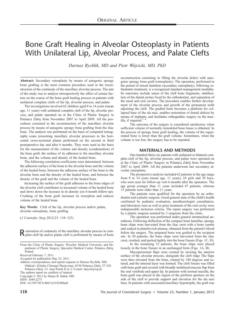 Bone Graft Healing in Alveolar Osteoplasty in Patients With Unilateral ...