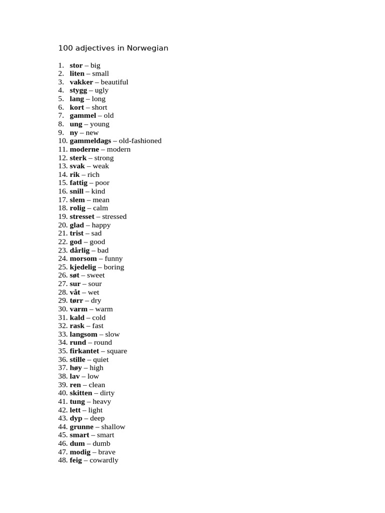 100 Adjectives in Norwegian | PDF