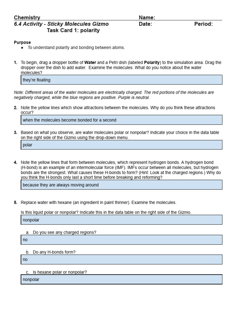 Task Card 1 - Polarity-Sticky Molecules GIZMO | PDF