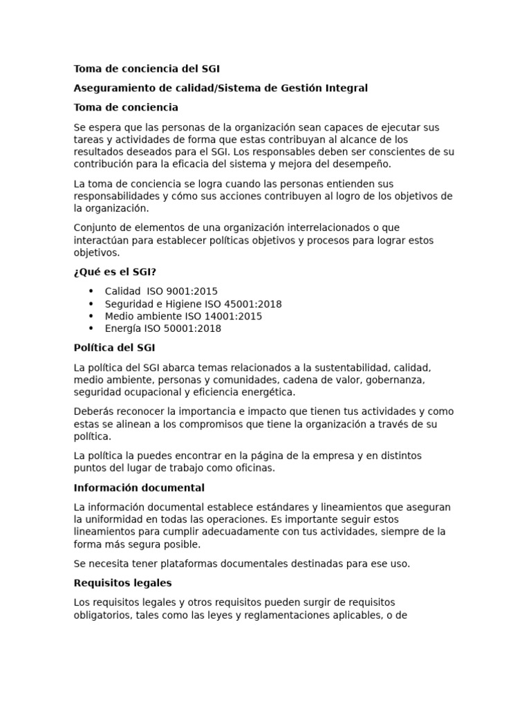 Toma de Conciencia Del SGI | PDF | Entorno natural | Auditoría