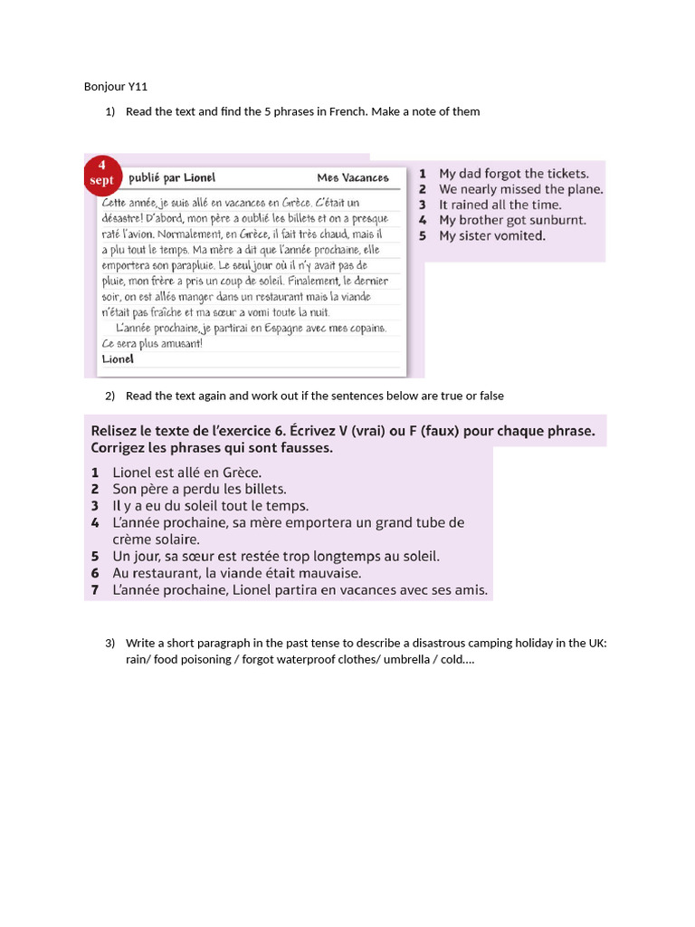 Bonjour Y11 Past Tense | PDF