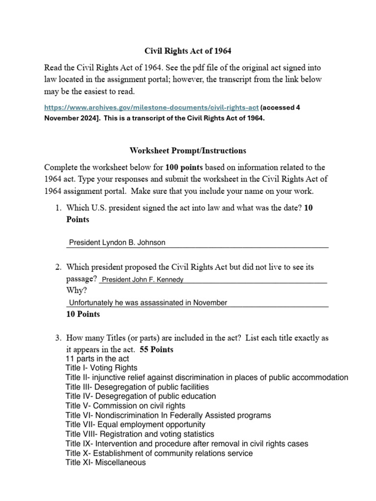 Civil rights worksheet | PDF | Civil Rights Act Of 1964 | Politics Of ...