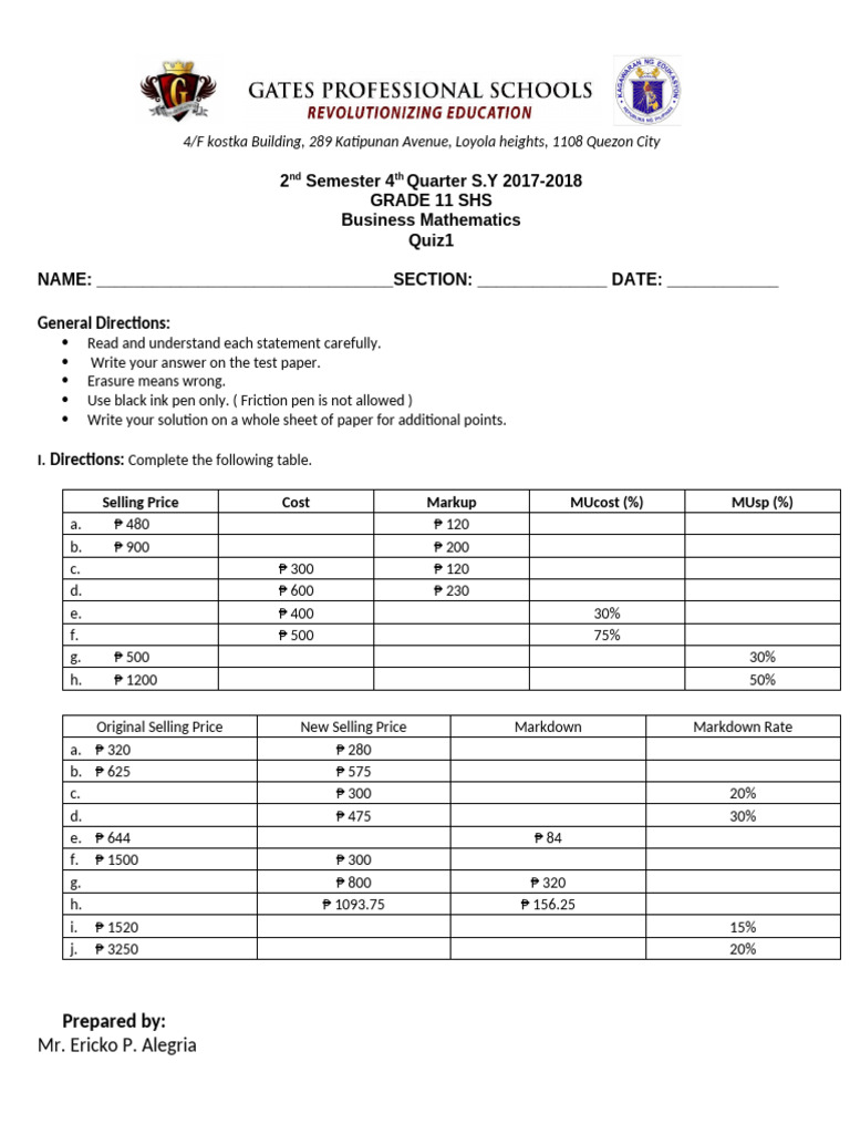 2nds 4thq Quiz1 Business Mathematics | PDF