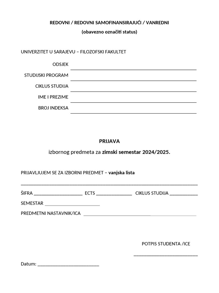 Prijava Izbornog Predmeta Za Zimski Semestar Vanjska Lista | PDF