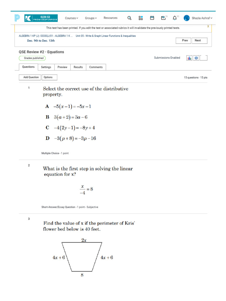 QSE Review 2 - Equations Schoology | PDF