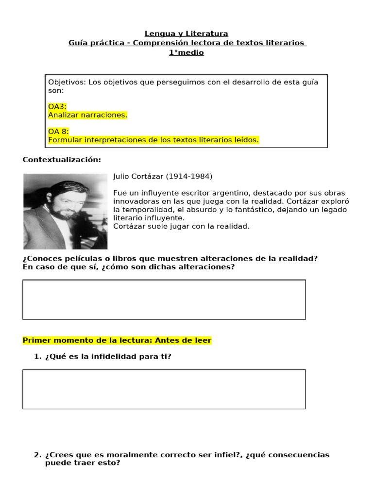 Guía de Comprensión Lectora. Autor Del Boom Julio Córtazar | PDF ...