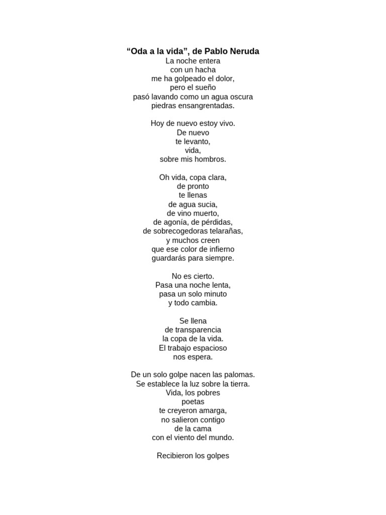 Oda a la vida de Pablo Neruda | PDF