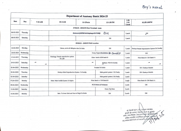 Anatomy (Batch-2024) Time Table (March-April) | PDF | Reproductive ...