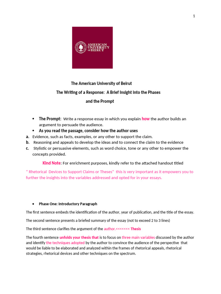 (Outline) Prompt and The Phases Addressed in The Writing of A Response ...