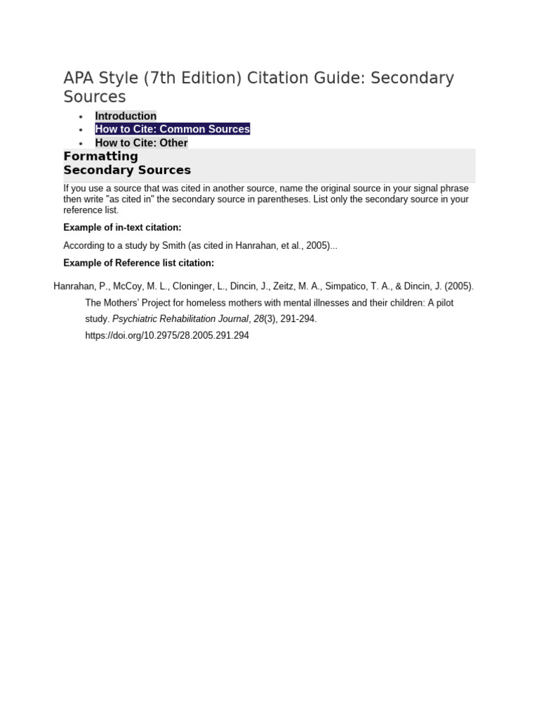 APA 7th Edition: Citing Secondary Sources | PDF