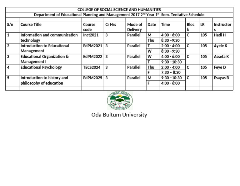 2017 EDPM 2nd Year 1st Sem Tentative Schedule | PDF