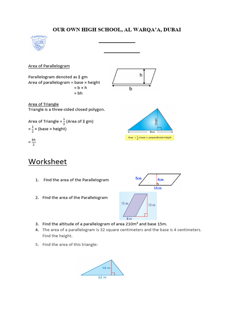 Worksheet -Mensuration with answerkey. | PDF | Area | Triangle