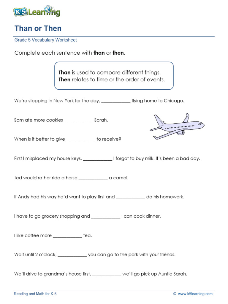 Grade 5 Vocabulary: Than vs. Then Worksheet | PDF