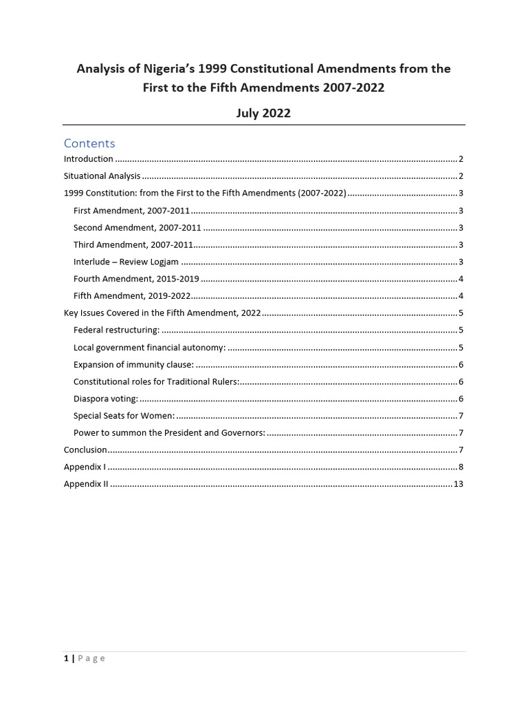 Analysis of The Nigerias 1999 Constitutional Amendments From The First ...