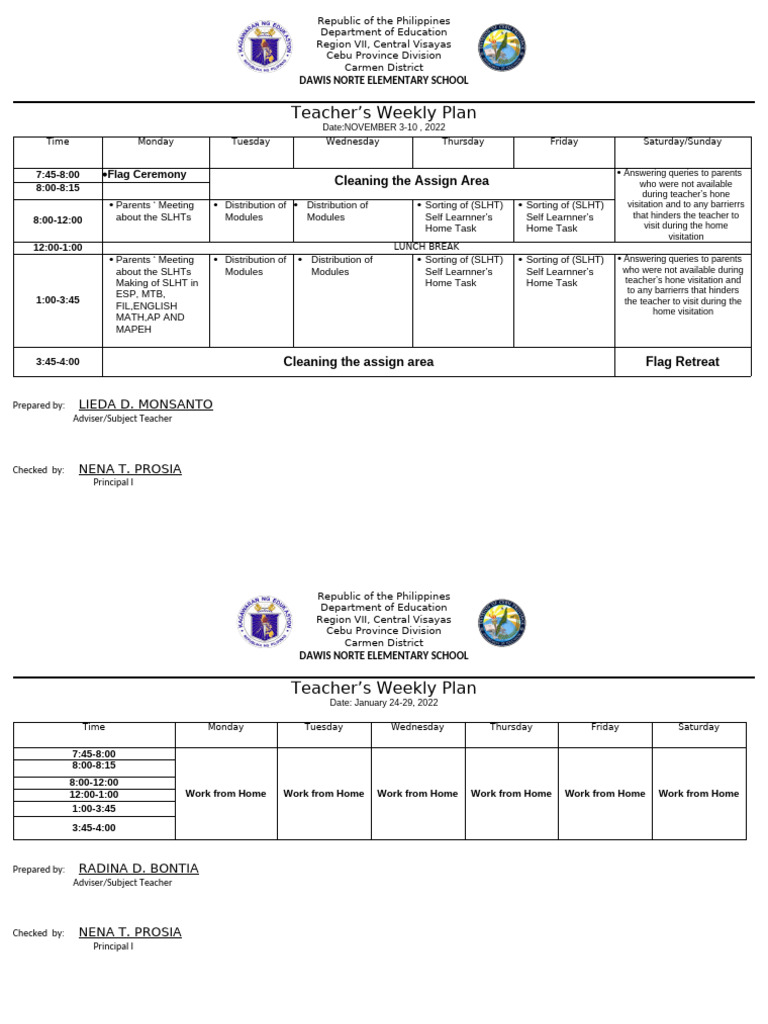 Grade 1 Weekly Plan | PDF