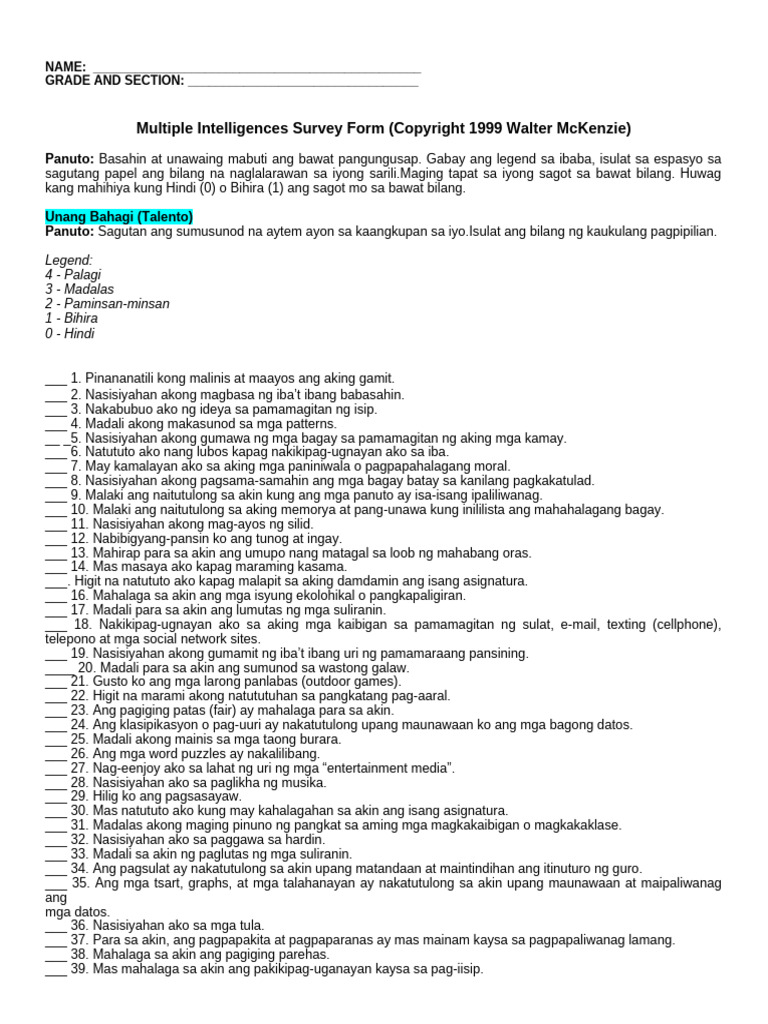 Template Multiple Intelligences Survey Form | PDF