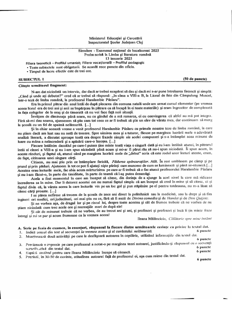 Simulare Judeteana Cluj 2025 | PDF