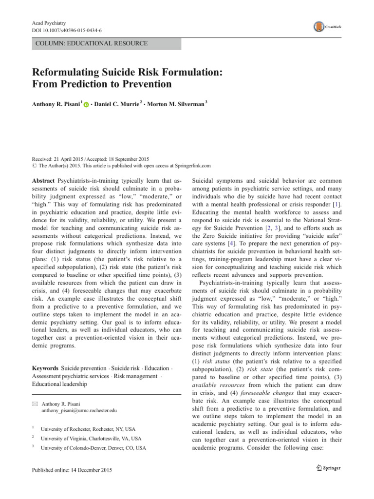 Reformulating Suicide Risk Formulation From Prediction to Prevention ...