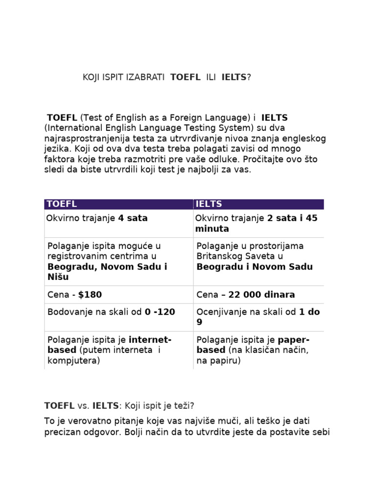 KOJI ISPIT IZABRATI TOEFL ILI IELTS | PDF