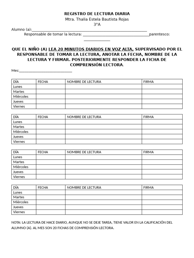 Registro de Lectura Diaria | PDF | Escritura | Aprendizaje