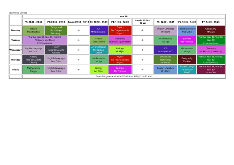 Year 8B Timetable For The 2023 and 2024 Session1 | PDF