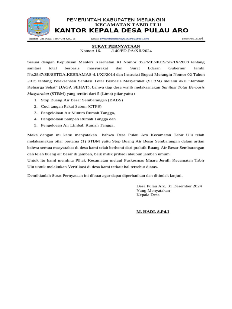 Surat Pernyataan Desa Dan Kelurahan Fix | PDF