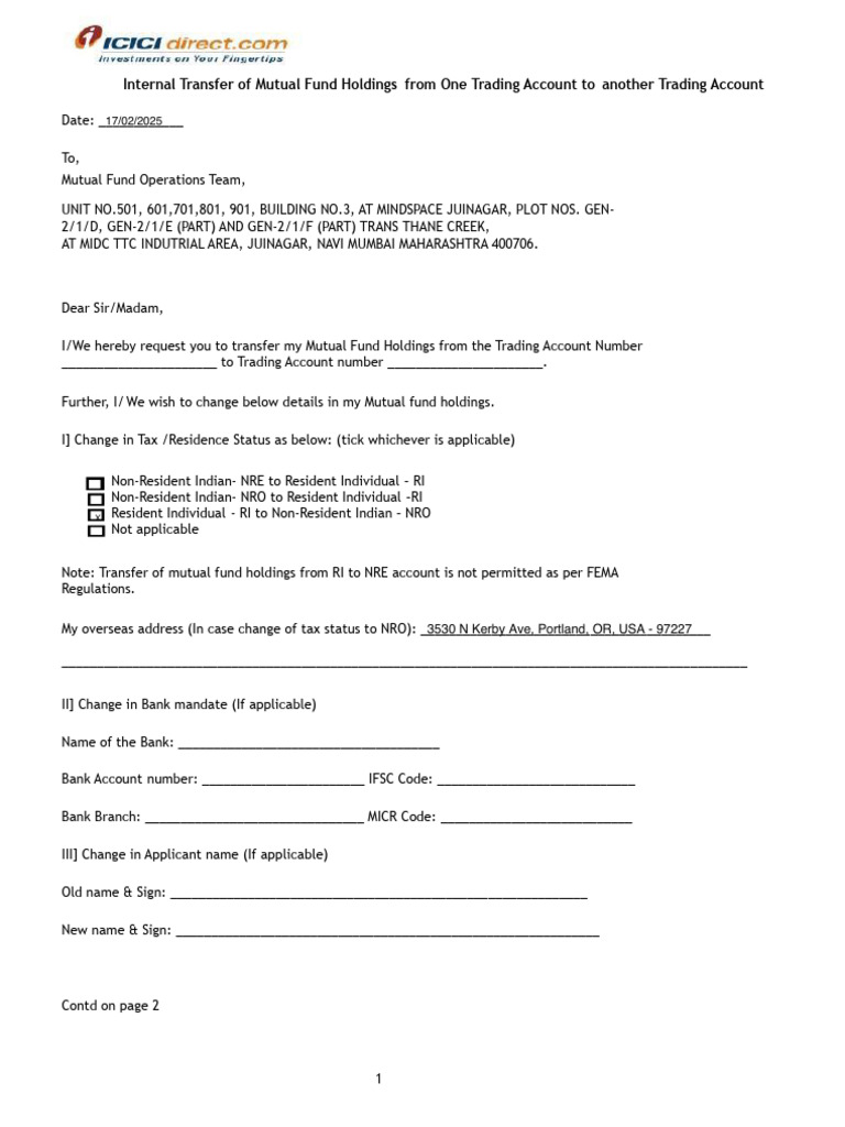 MF Internal Transfer Request | PDF | Indemnity | Banks
