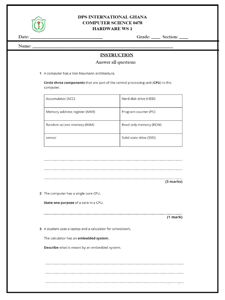 Worksheet 1 On Hardware Pdf