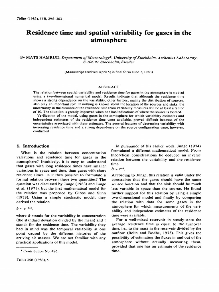 Residence Time and Spatial Variability for Gases in The | PDF ...