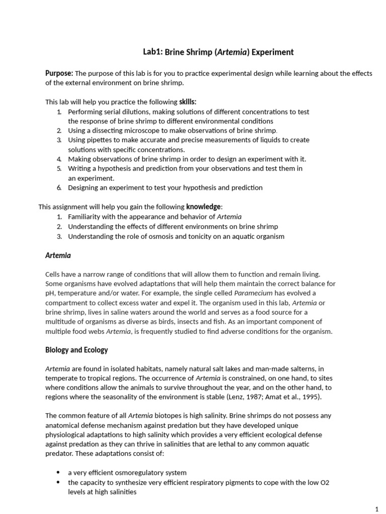 Lab 1 Brine Shrimp Experiment Fall2020 1 | PDF | Cell Membrane | Biology
