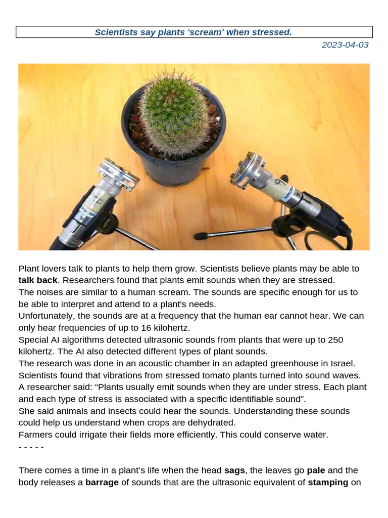 Plants Emit 'Screams' When Stressed | PDF