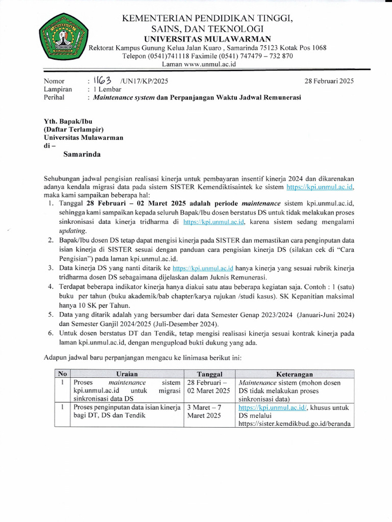 1163 - Maintenance System Dan Perpanjangan Waktu Jadwal Remunerasi | PDF