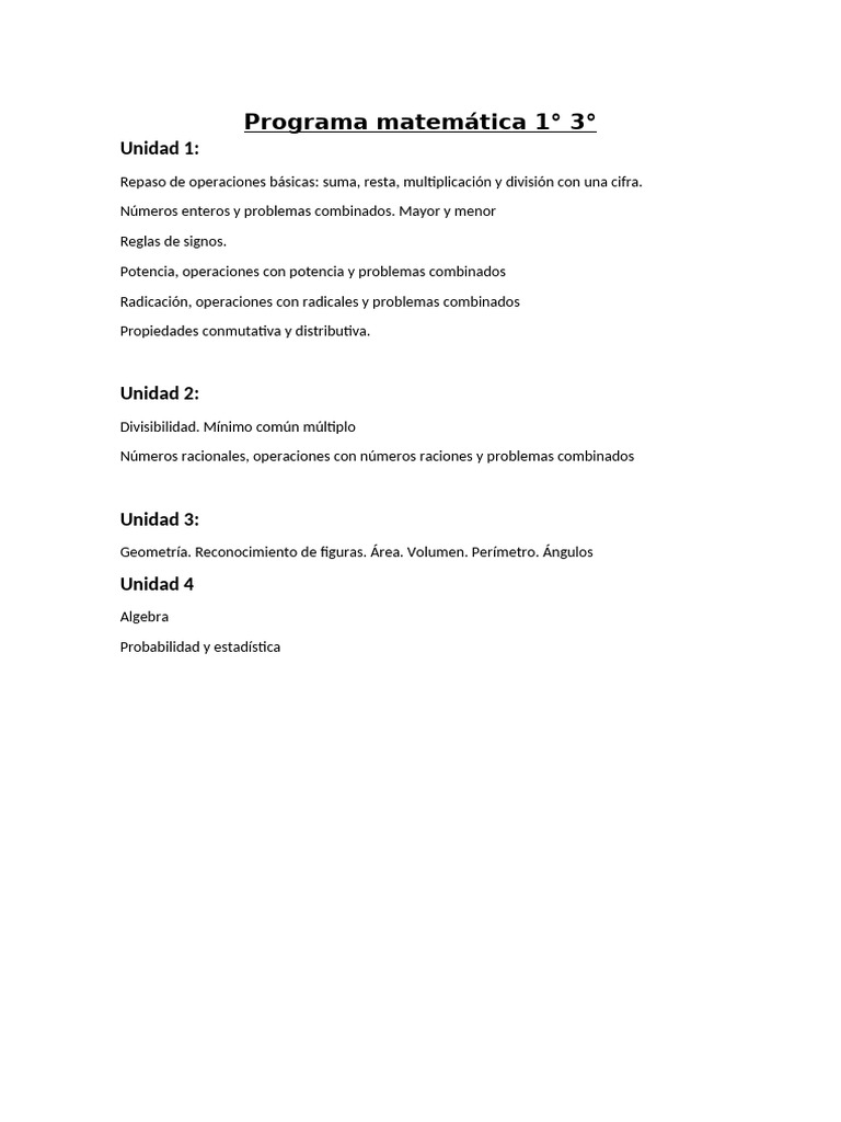 Programa Matemáticas 1° 3°: Contenidos Clave | PDF